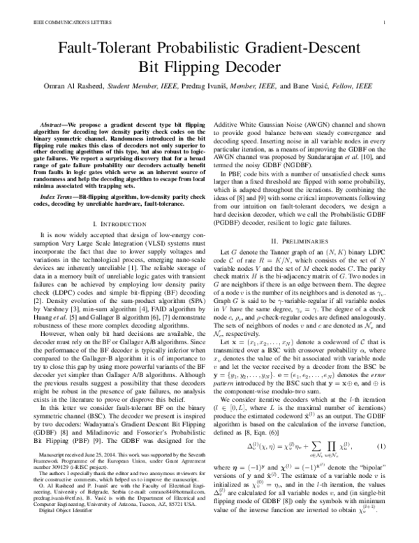 (PDF) Fault-Tolerant Probabilistic Gradient-Descent Bit Flipping Decoder