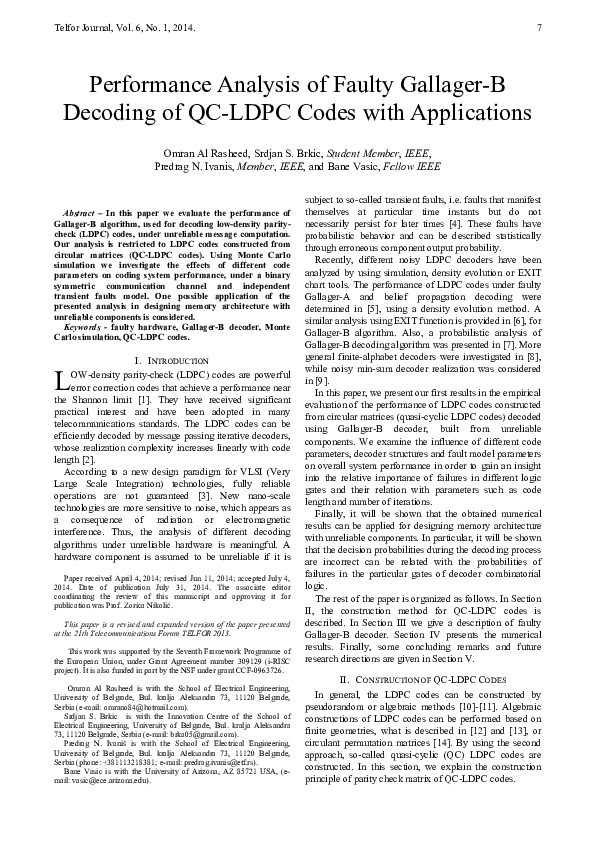 (PDF) Performance analysis of faulty Gallager-B decoding of QC-LDPC codes