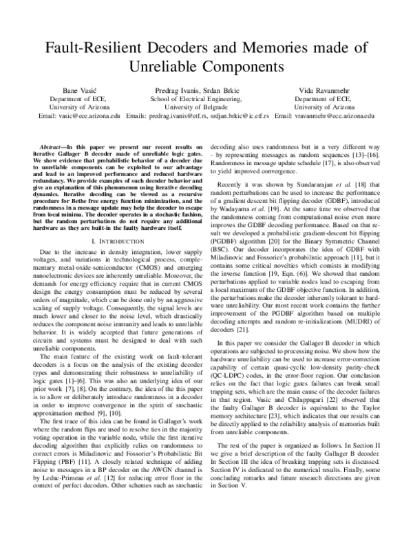 (PDF) Fault-resilient decoders and memories made of unreliable components