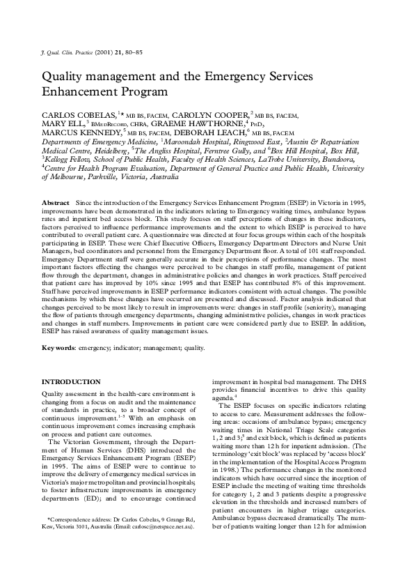 (PDF) Quality management and the Emergency Services Enhancement Program