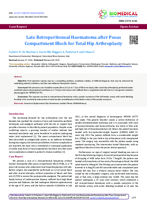 Pdf Late Retroperitoneal Haematoma After Psoas Compartment Block For