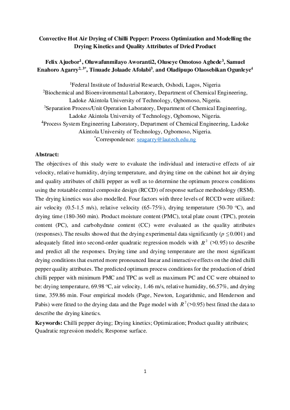 (PDF) Convective Hot Air Drying of Chilli Pepper: Process Optimization and Modelling the Drying ...