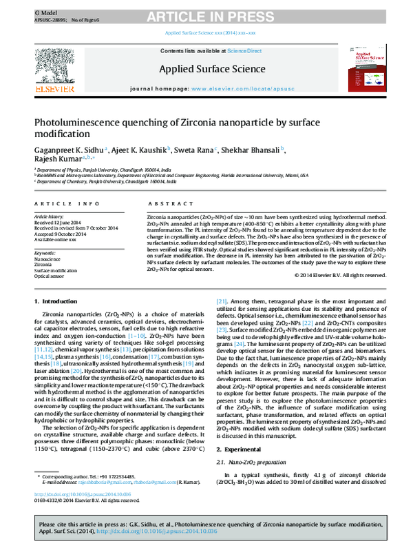 Pdf Photoluminescence Quenching Of Zirconia Nanoparticle By Surface Modification