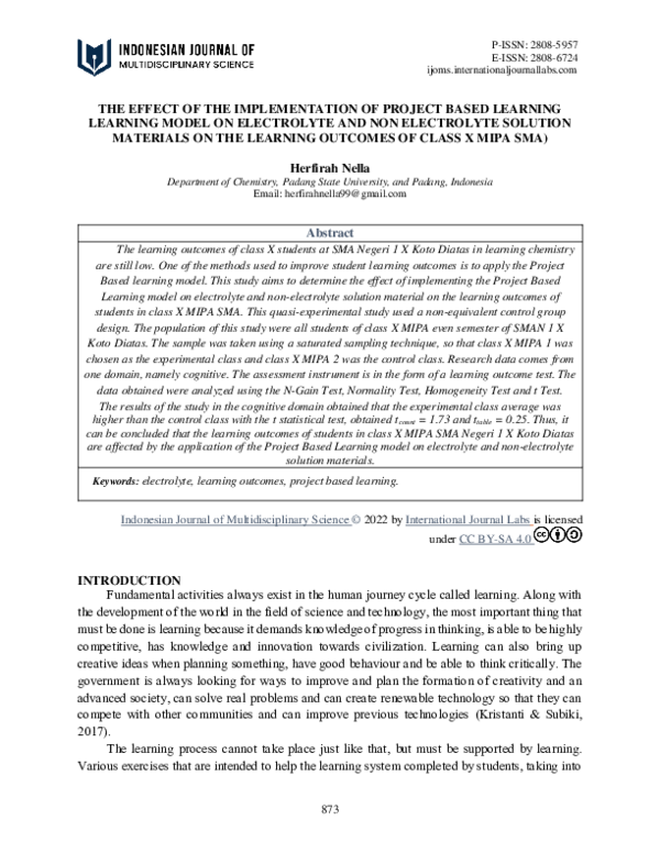 (PDF) The Effect of the Implementation of Project Based Learning ...