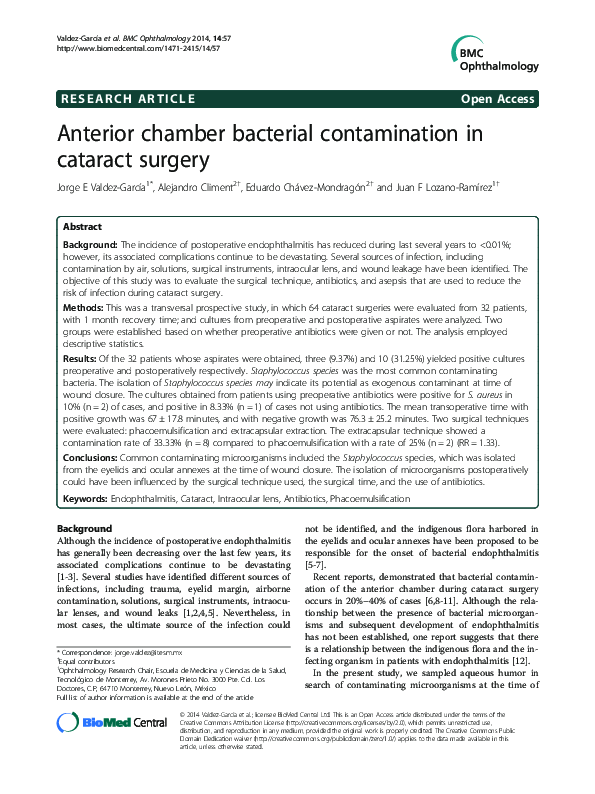 (PDF) Anterior chamber bacterial contamination in cataract surgery