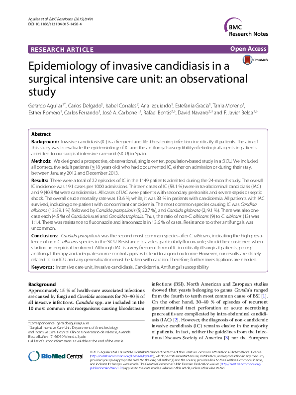 (PDF) Epidemiology of invasive candidiasis in a surgical intensive care ...
