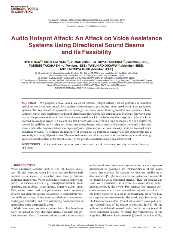 (PDF) Audio Hotspot Attack: An Attack on Voice Assistance Systems Using ...