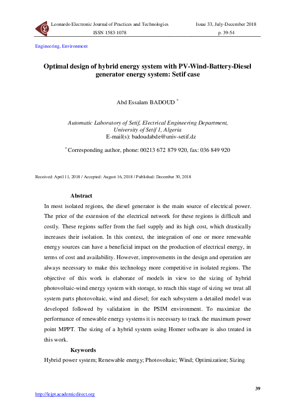 Pdf Optimal Design Of Hybrid Energy System With Pv Wind Battery