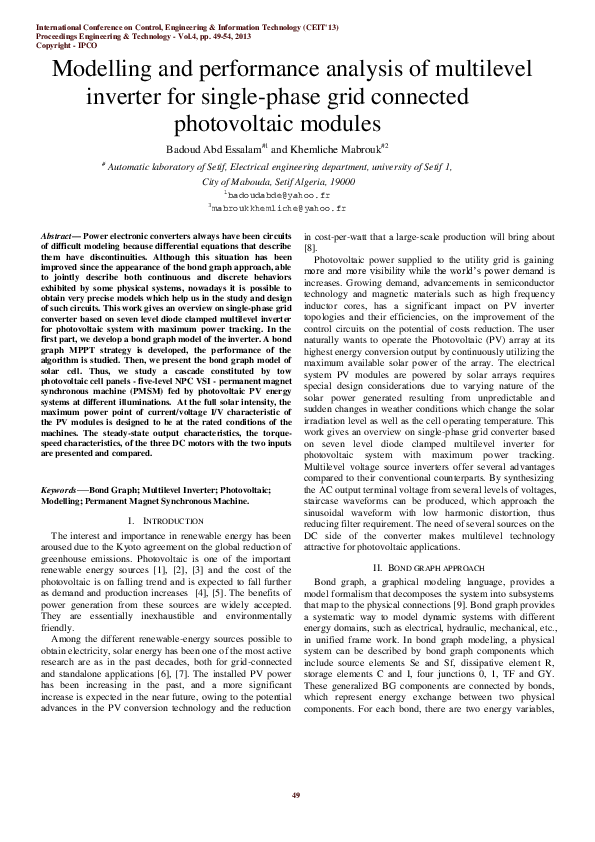 Pdf Modeling And Performance Analysis Of Multilevel Inverter For Single Phase Grid Connected
