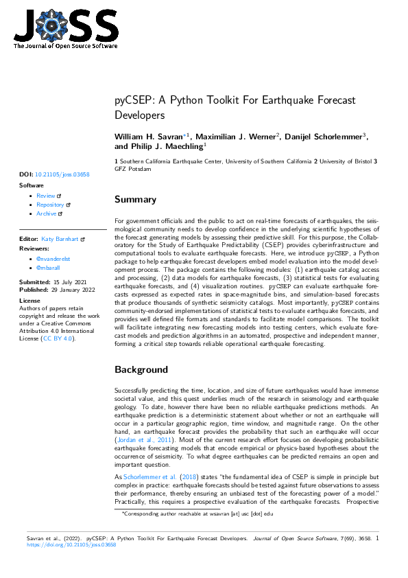 (PDF) pyCSEP: A Python Toolkit For Earthquake Forecast Developers | Philip Maechling - Academia.edu