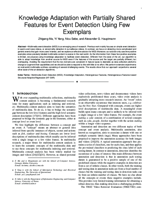 (PDF) Knowledge Adaptation with PartiallyShared Features for Event DetectionUsing Few Exemplars