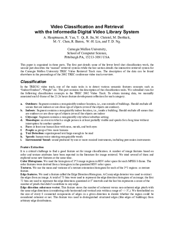 (PDF) Video Classification and Retrieval with the Informedia Digital Video Library System ...