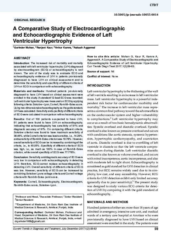 (PDF) A Comparative Study of Electrocardiographic and Echocardiographic ...