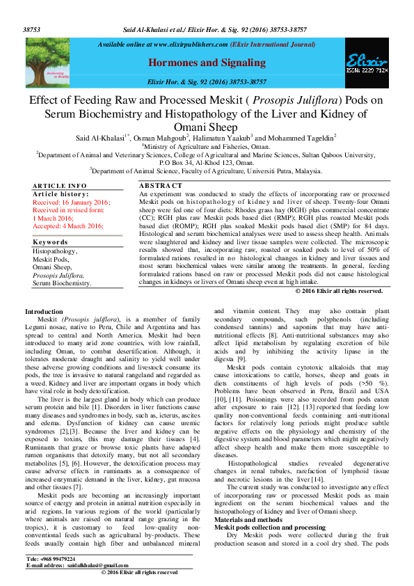 (PDF) Effect of Feeding Raw and Processed Meskit ( Prosopis Juliflora ...