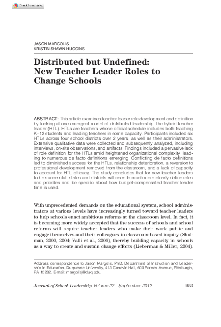 (PDF) Distributed but Undefined: New Teacher Leader Roles to Change Schools
