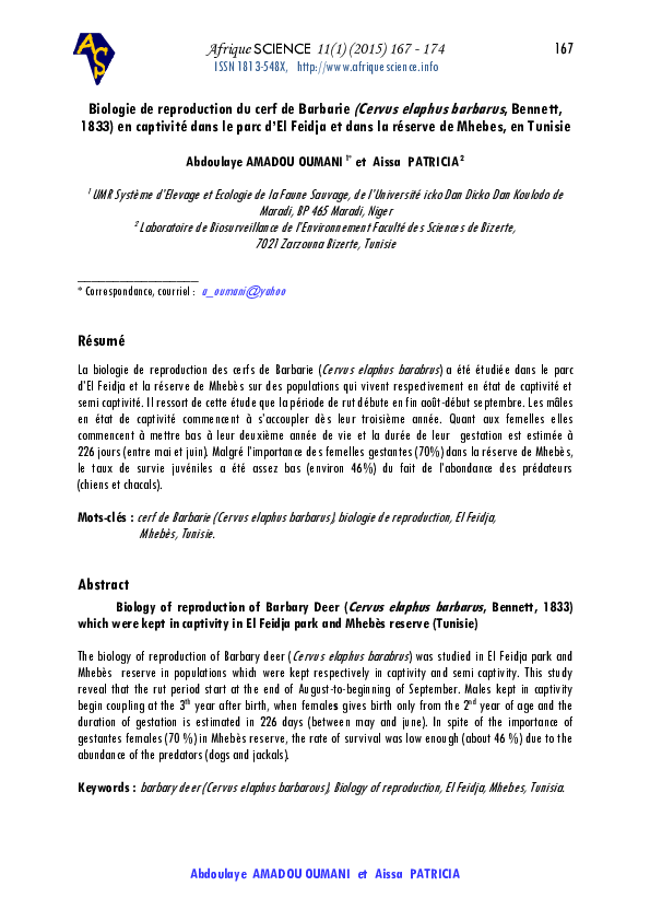 (PDF) Biologie de reproduction du cerf de Barbarie (Cervus elaphus ...