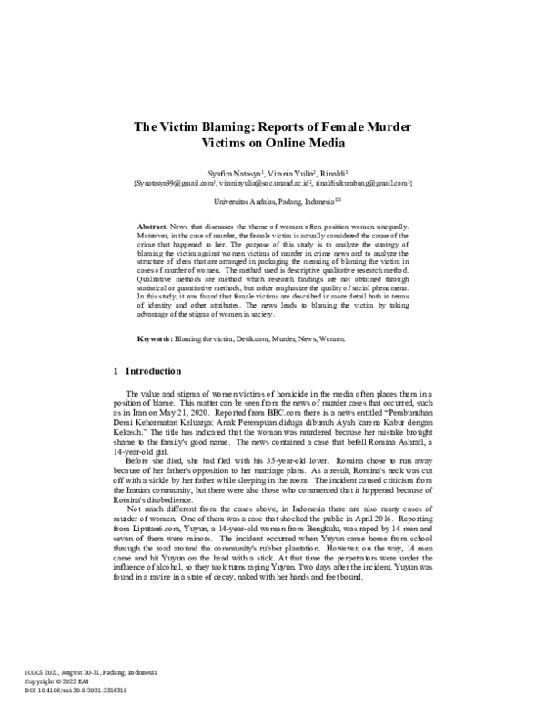 (PDF) The Victim Blaming: Reports of Female Murder Victims on Online Media