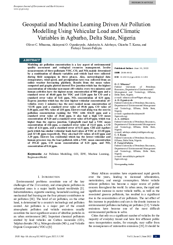 (PDF) Geospatial and Machine Learning Driven Air Pollution Modelling Using Vehicular Load and ...