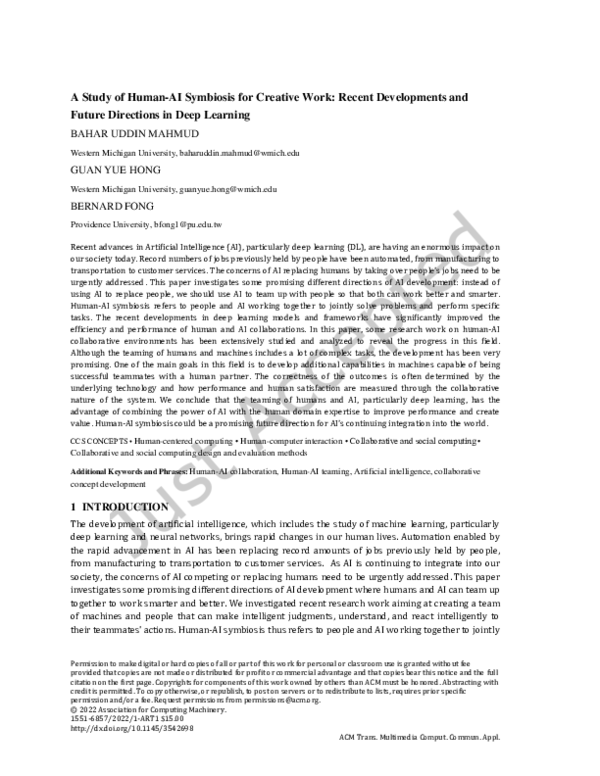 (PDF) A Study of Human-AI Symbiosis for Creative Work: Recent ...
