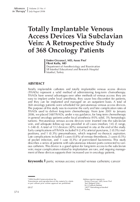 (PDF) Totally implantable venous access devices via subclavian vein: A ...