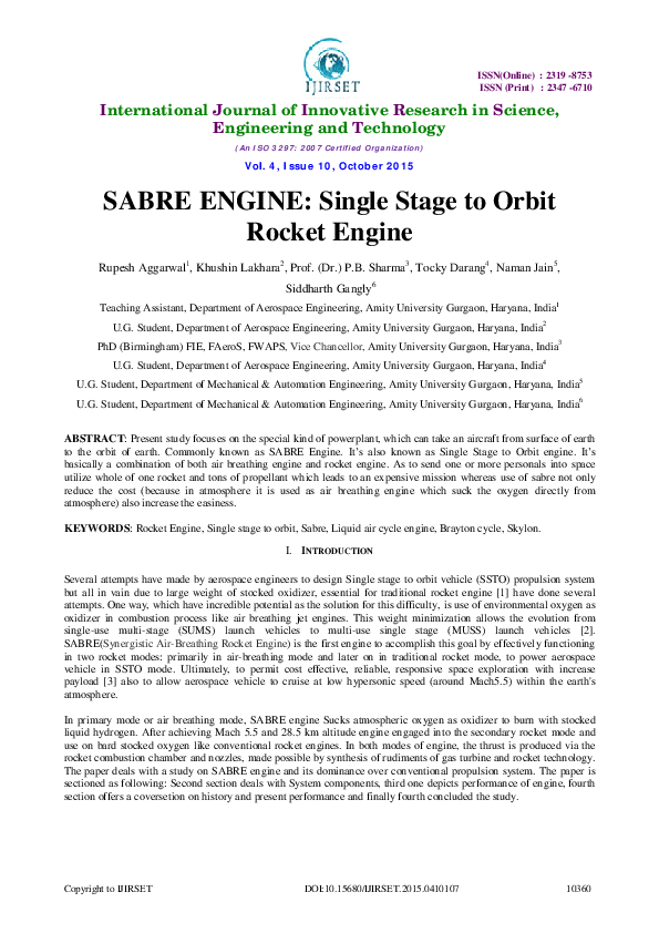(PDF) SABRE ENGINE: Single Stage to Orbit Rocket Engine