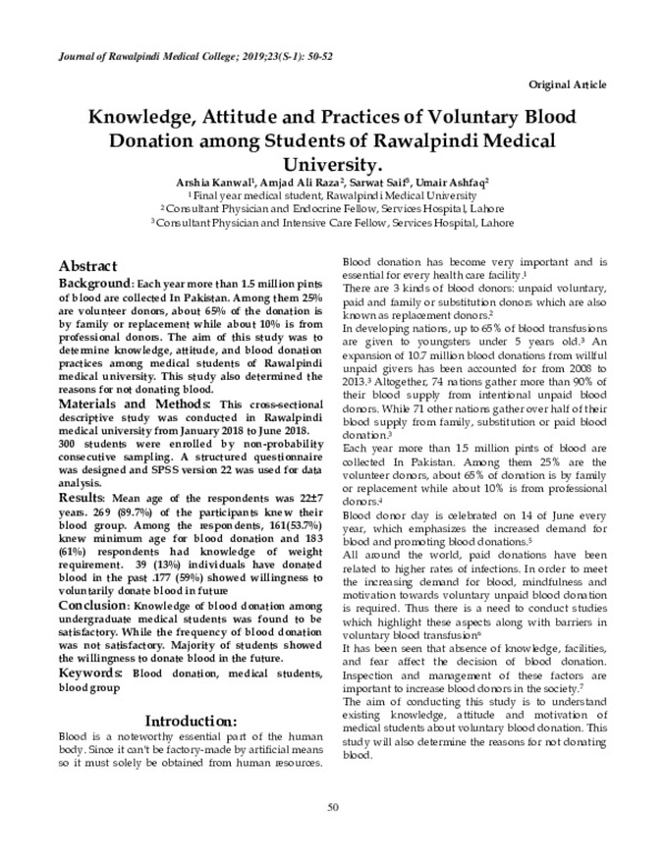 (PDF) Knowledge, Attitude and Practices of Voluntary Blood Donation among Students of Rawalpindi ...