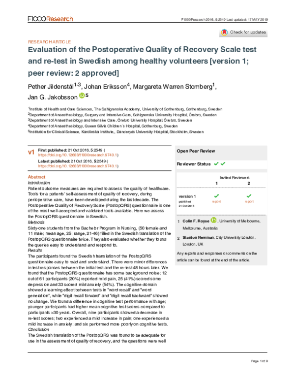 (PDF) Evaluation of the Postoperative Quality of Recovery Scale test ...