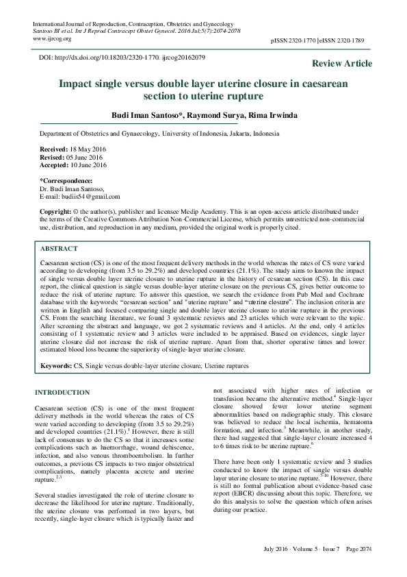 Pdf Impact Single Versus Double Layer Uterine Closure In Caesarean Section To Uterine Rupture