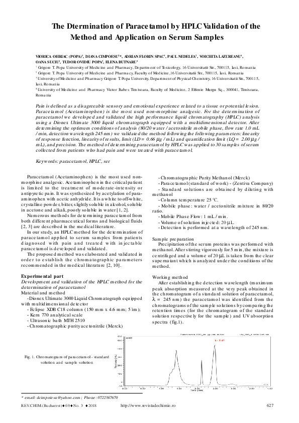 Pdf The Dtermination Of Paracetamol By Hplc Validation Of The Method And Application On Serum