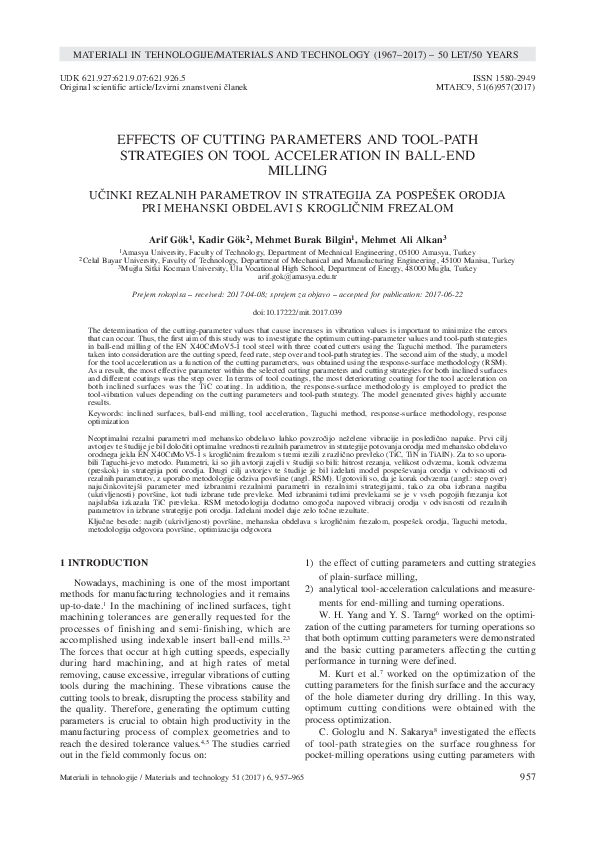 Pdf Effects Of Cutting Parameters And Tool Path Strategies On Tool Acceleration In Ball End