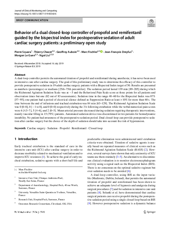 Pdf Behavior Of A Dual Closed Loop Controller Of Propofol And Remifentanil Guided By The