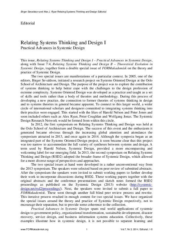 (PDF) Relating Systems Thinking and Design I. Practical Advances in Systemic Design