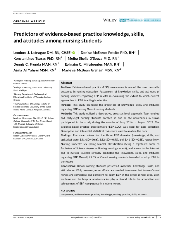 (PDF) Predictors of evidence‐based practice knowledge, skills, and attitudes among nursing students