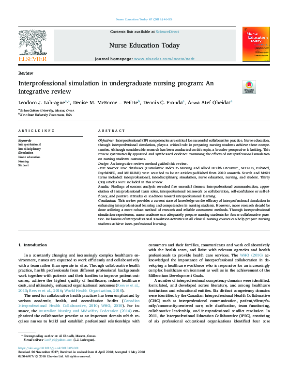 (PDF) Interprofessional simulation in undergraduate nursing program: An ...