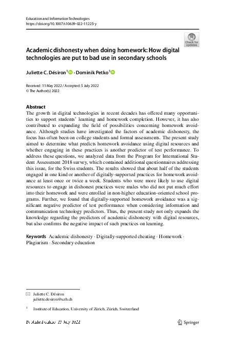 (PDF) Academic dishonesty when doing homework: How digital technologies are put to bad use in ...