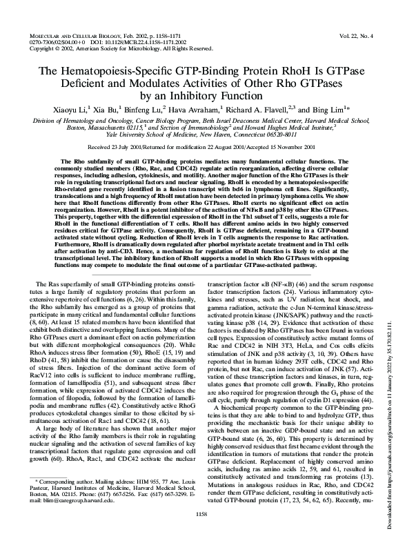 (PDF) The Hematopoiesis-Specific GTP-Binding Protein RhoH Is GTPase ...