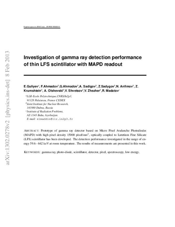 (PDF) Investigation of gamma ray detection performance of thin LFS scintillator with MAPD readout