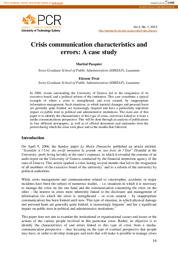 (PDF) Crisis communication characteristics and errors: A case study ...