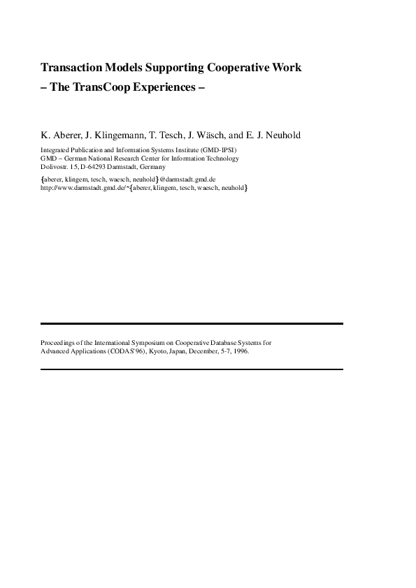 (PDF) Transaction Models Supporting Cooperative Work–The TransCoop Experiences–