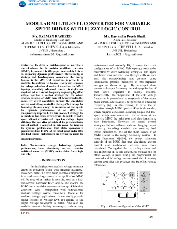(PDF) Modular Multilevel Converter for Variable-Speed Drives with Fuzzy Logic Control