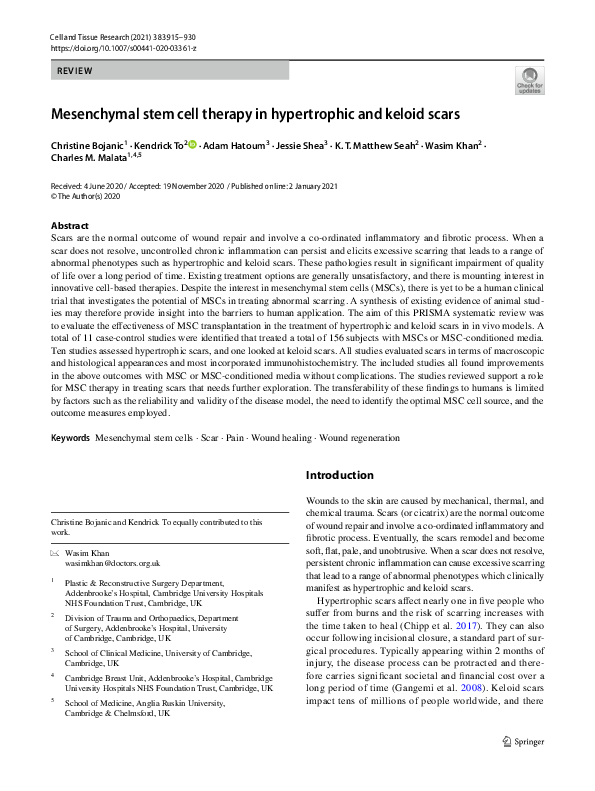 (PDF) Mesenchymal stem cell therapy in hypertrophic and keloid scars