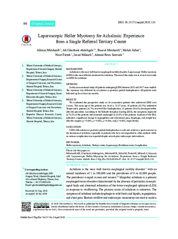 (PDF) Laparoscopic Heller Myotomy for Achalasia: Experience from a ...