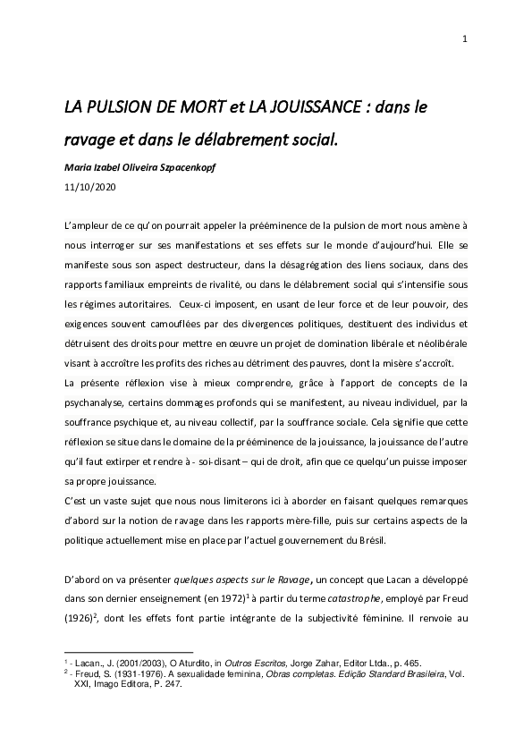 (PDF) LA PULSION DE MORT et LA JOUISSANCE: DANS LE RAVAGE et DANS LE ...