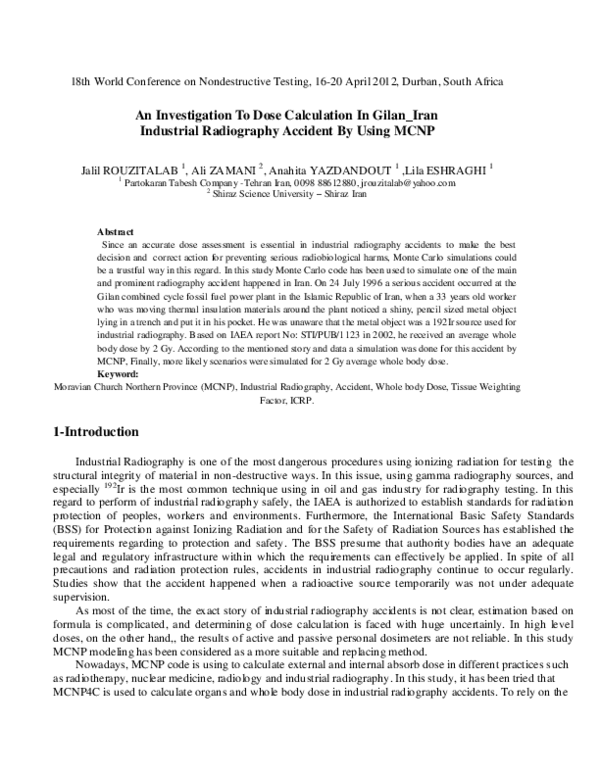Pdf Monte Carlo Dose Calculation To Aim Of Dose Assessment In Industrial Radiography Accidents