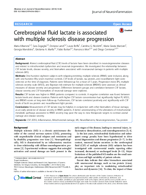 (PDF) Cerebrospinal fluid lactate is associated with multiple sclerosis disease progression