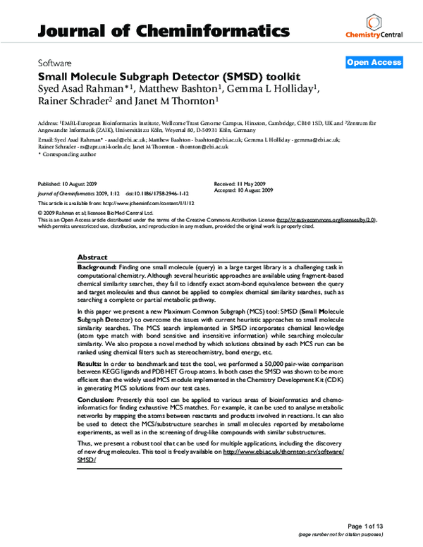 (PDF) Small Molecule Subgraph Detector (SMSD) toolkit | Syed Afridi Rahman - Academia.edu