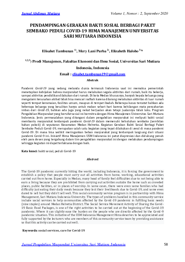 (PDF) Pendampingan Gerakan Bakti Sosial Berbagi Paket Sembako Peduli COVID-19 Hima Manajemen ...