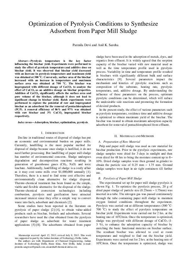 (PDF) Optimization of Pyrolysis Conditions to Synthesize Adsorbent from ...