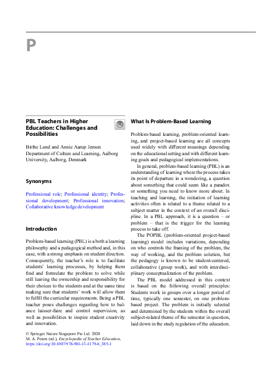 (PDF) PBL Teachers in Higher Education: Challenges and Possibilities | Birthe Lund - Academia.edu