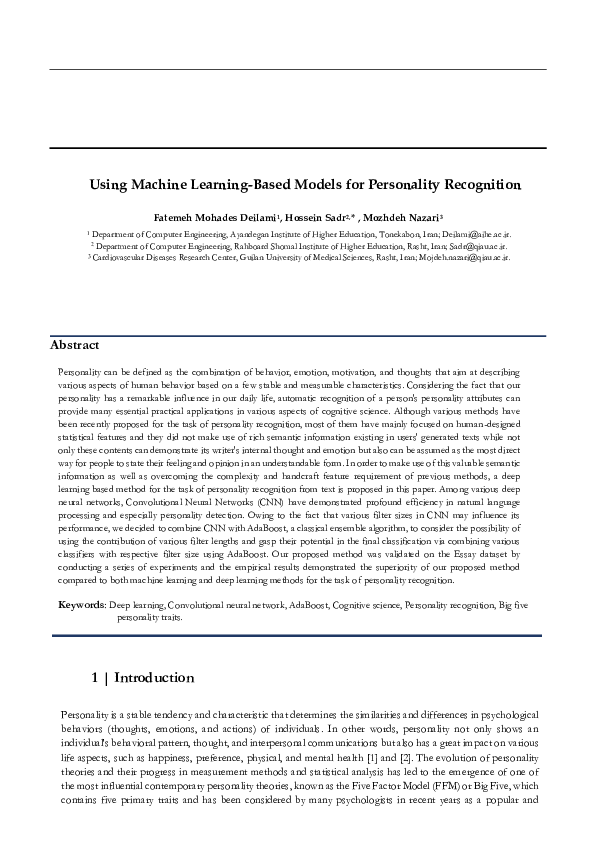 (PDF) Using Machine Learning Based Models for Personality Recognition